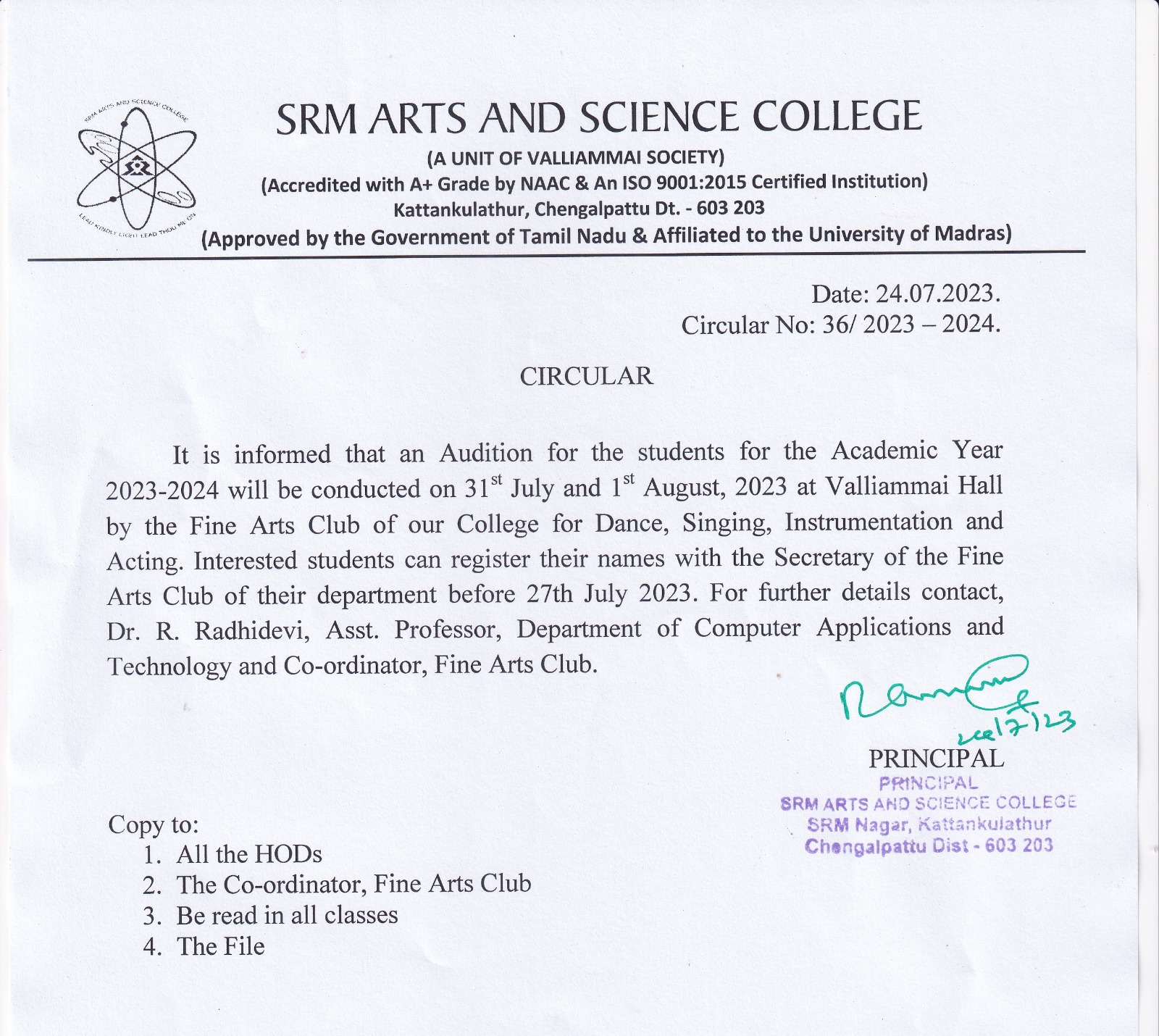 Circular No 36/2023-2024 - SRM Arts and Science College