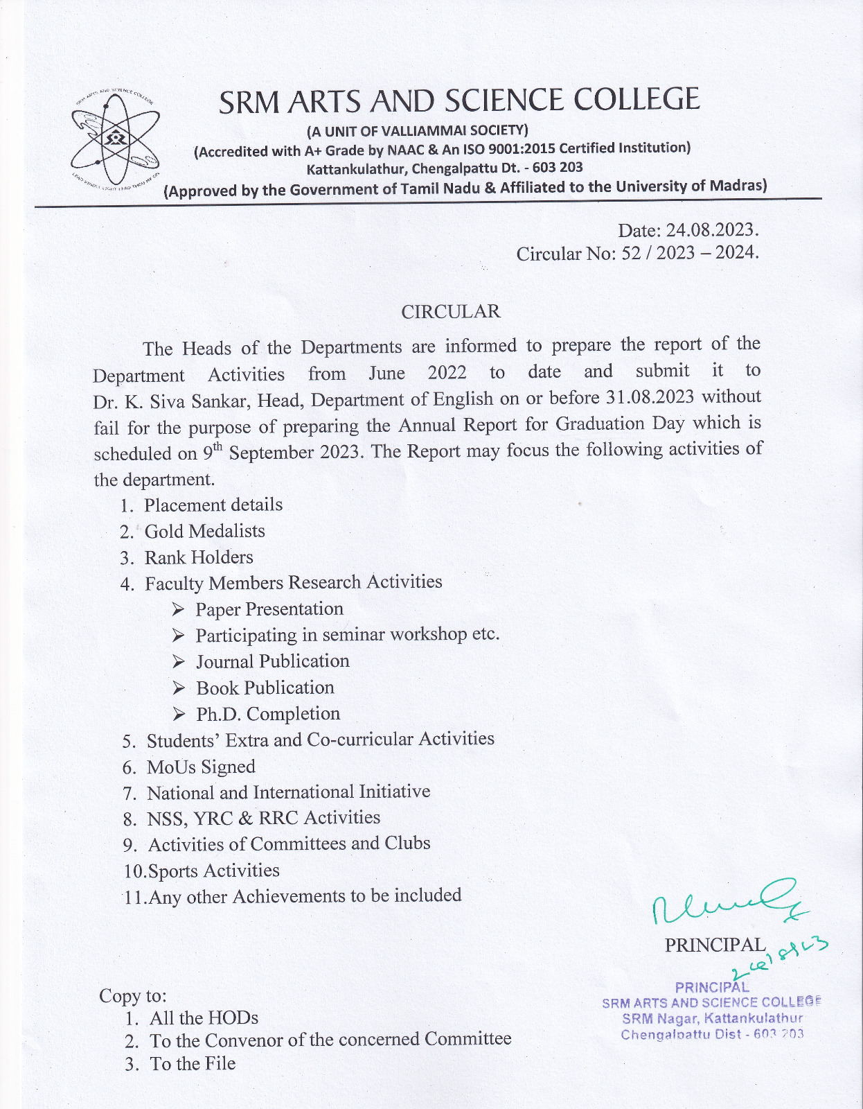 Circular No 52/2023-2024 - SRM Arts and Science College