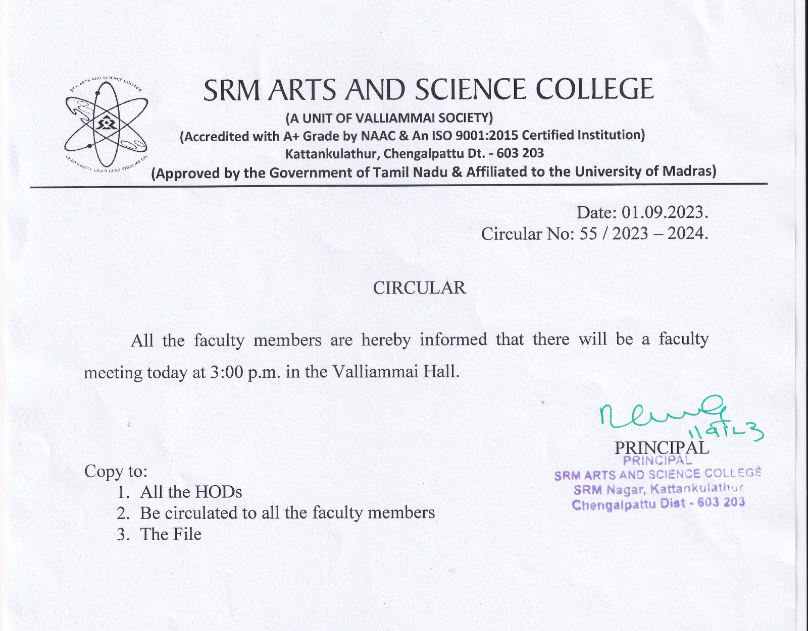 Circular No 55/2023-2024 - SRM Arts and Science College