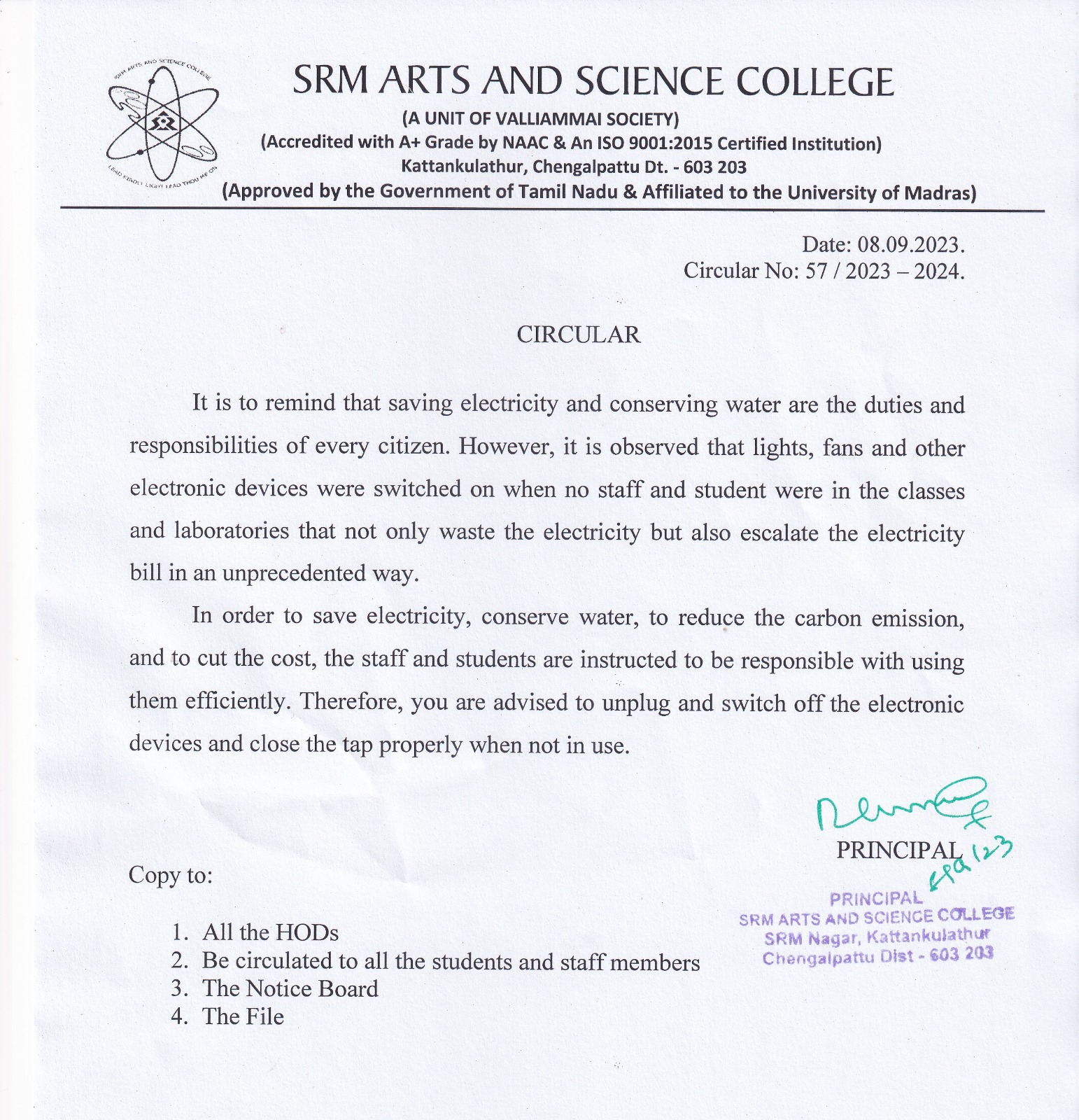 Circular No 57/2023-2024 - SRM Arts and Science College