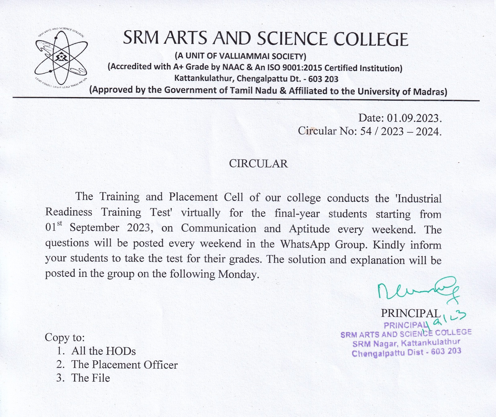 Circular No 54/2023-2024 - SRM Arts and Science College