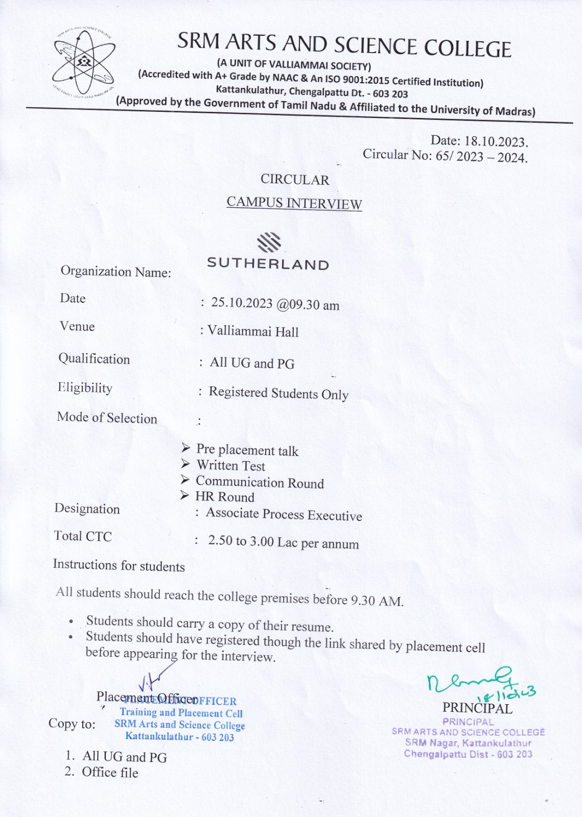 Circular No 65/2023-2024 - SRM Arts and Science College