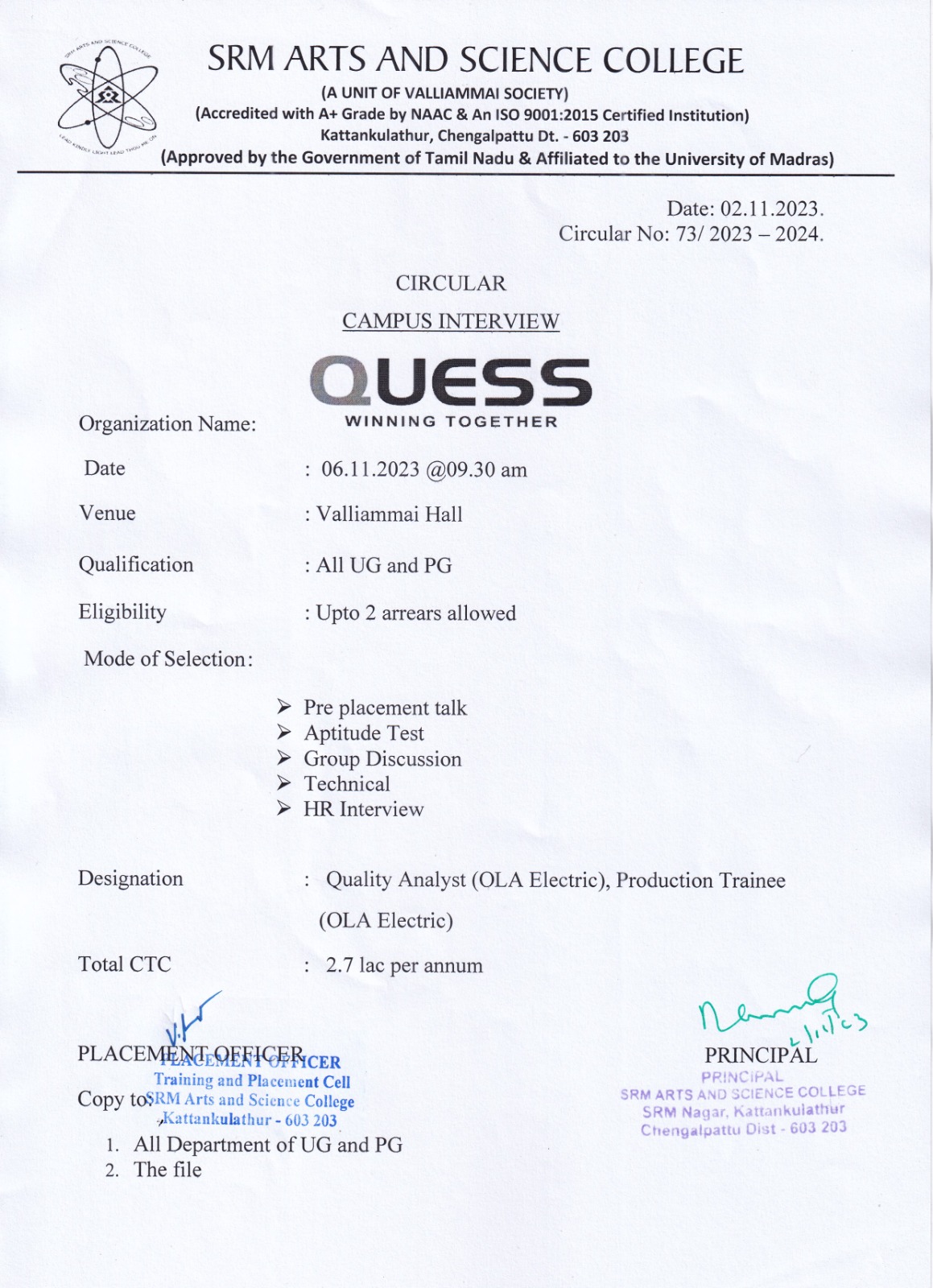 Circular No 73/2023-2024 - SRM Arts and Science College