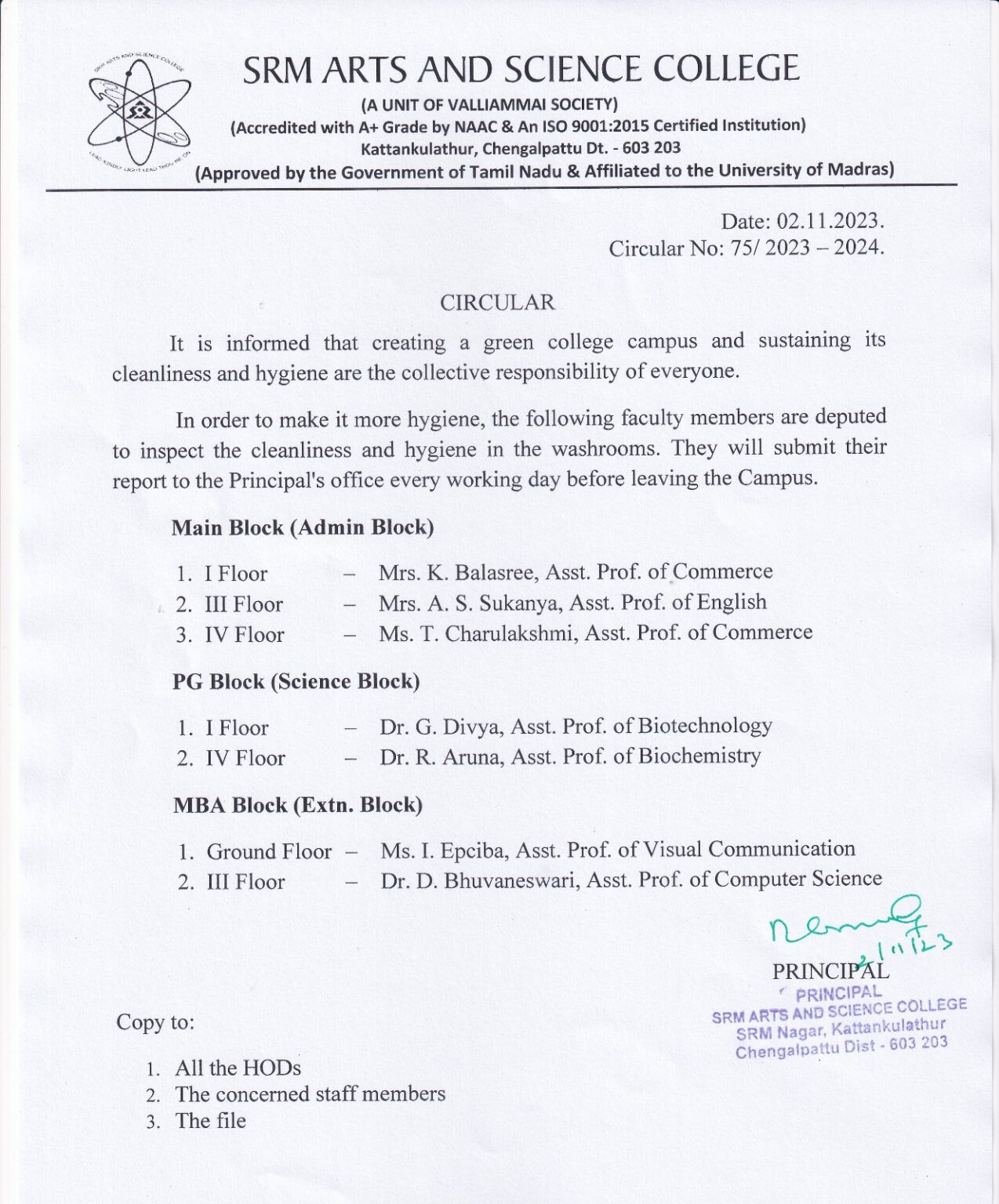 Circular No 75/2023-2024 - SRM Arts and Science College