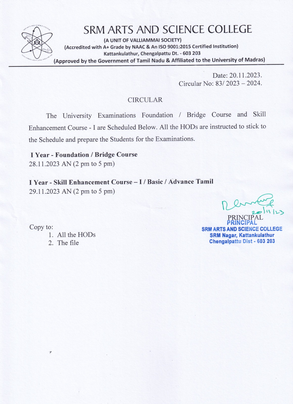 Circular No 83/2023-2024 - SRM Arts and Science College
