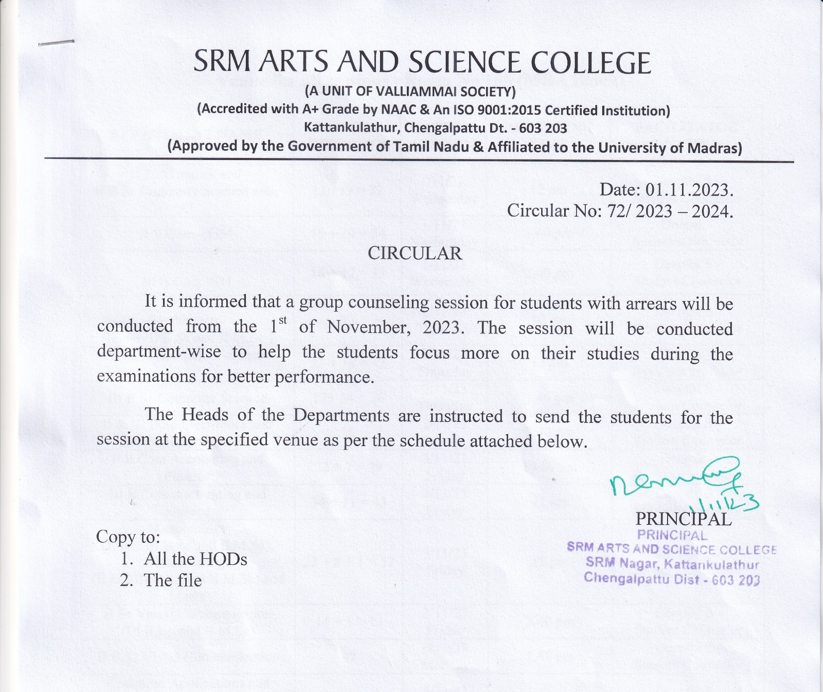 Circular No 72/2023-2024 - SRM Arts and Science College