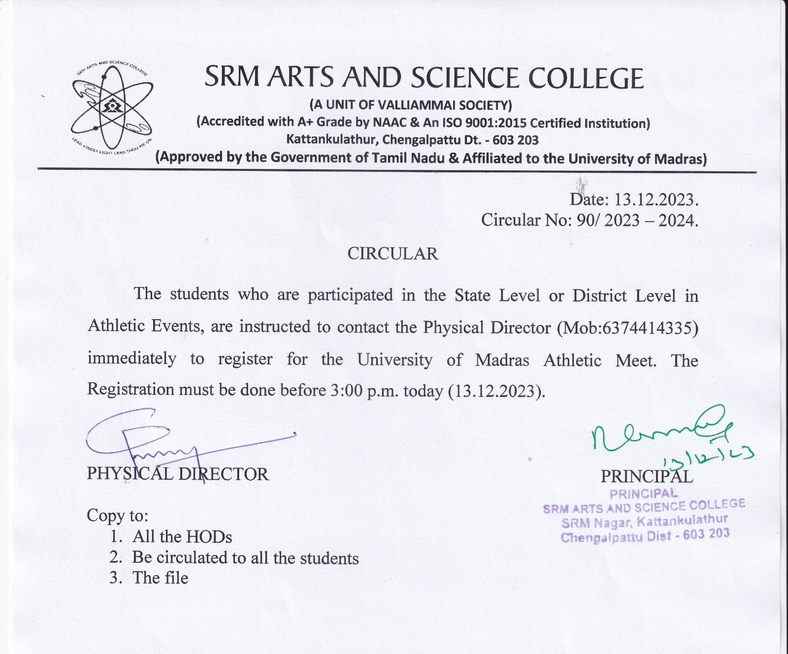 Circular No 90/2023-2024 - SRM Arts and Science College