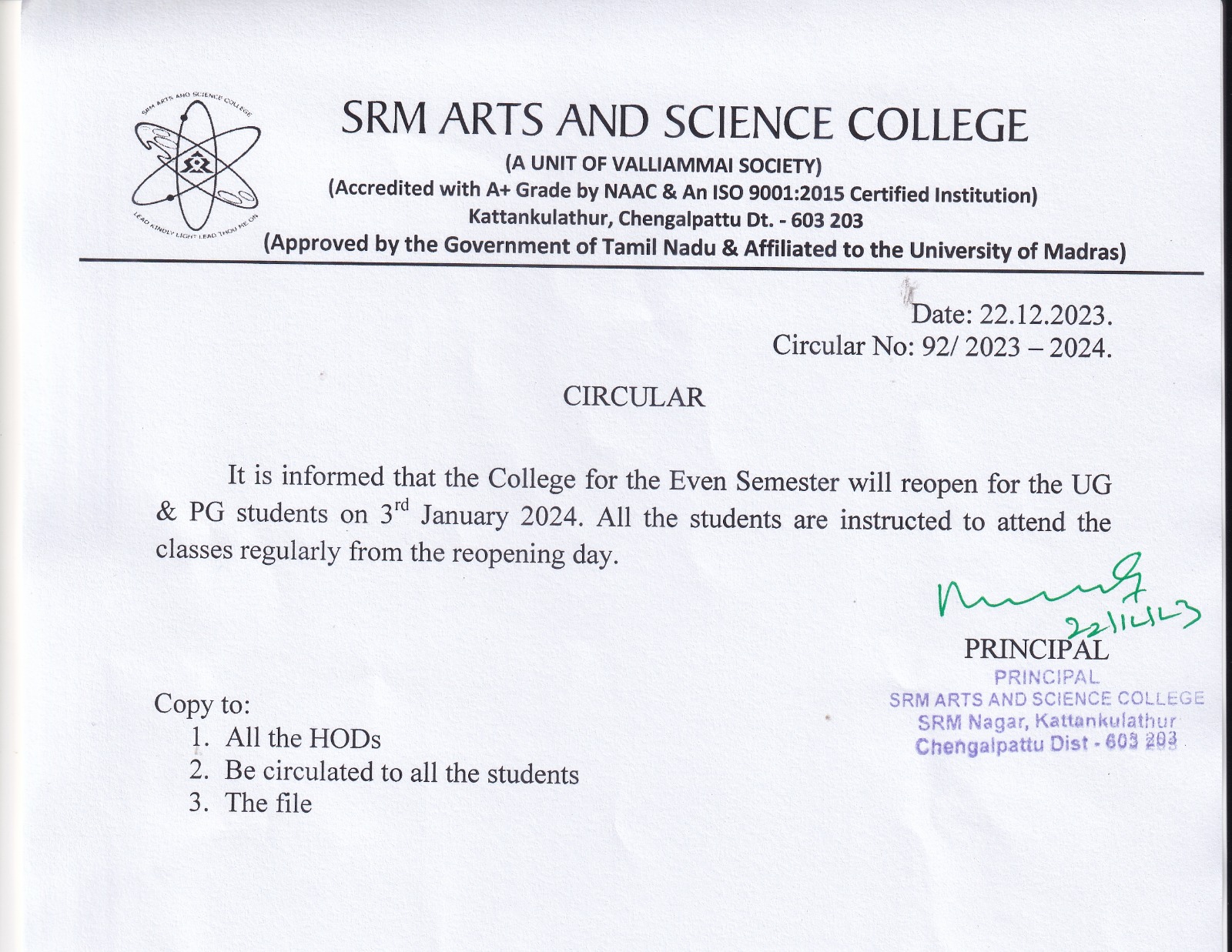 Circular No 92/2023-2024 - SRM Arts and Science College