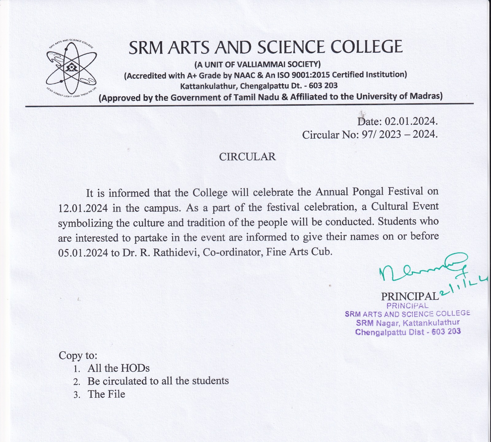 Circular No 97/2023-2024 - SRM Arts and Science College