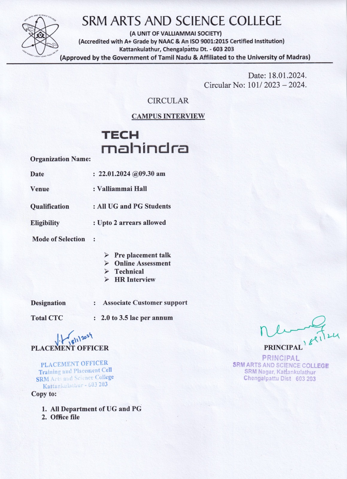 Circular No 101/2023-2024 - SRM Arts and Science College