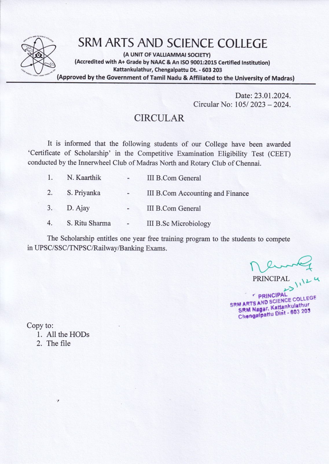 Circular No 105/2023-2024 - SRM Arts and Science College