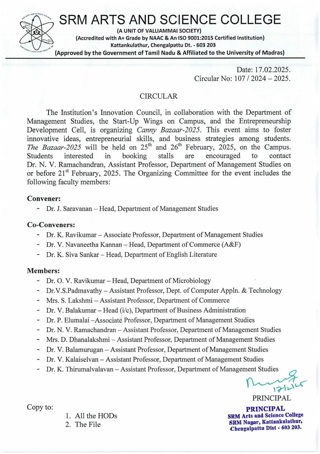 Circular No 107/2024-2025 (Canny Bazaar-2025) - SRM Arts and Science College