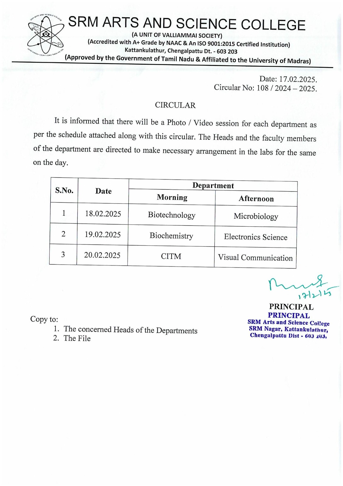 Circular No 108/2024-2025 (Photo / Video Session) - SRM Arts and Science College