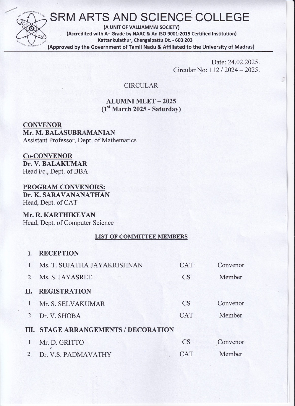 Circular No 112/2024-2025 (ALUMNI MEET-2025) - SRM Arts and Science College