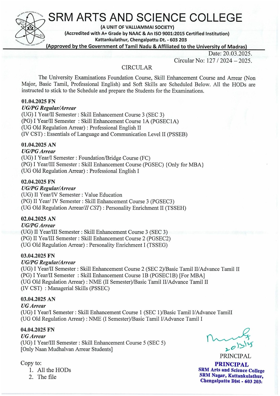 Circular No 127/2024-2025 (University Examinations Foundation Course ...