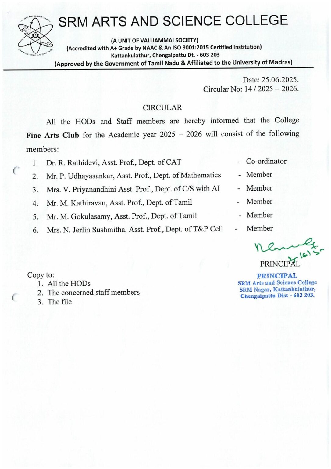 Circular No 03-25/2025-2026 (Committees and Cells) - SRM Arts and ...
