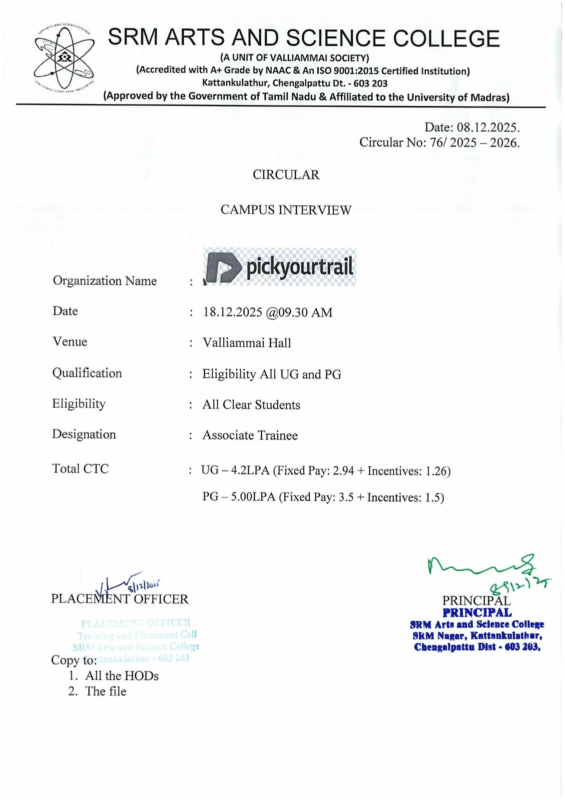 Circular No 76/2025-2026 (Campus Interview-Pickyourtrail) - SRM Arts ...